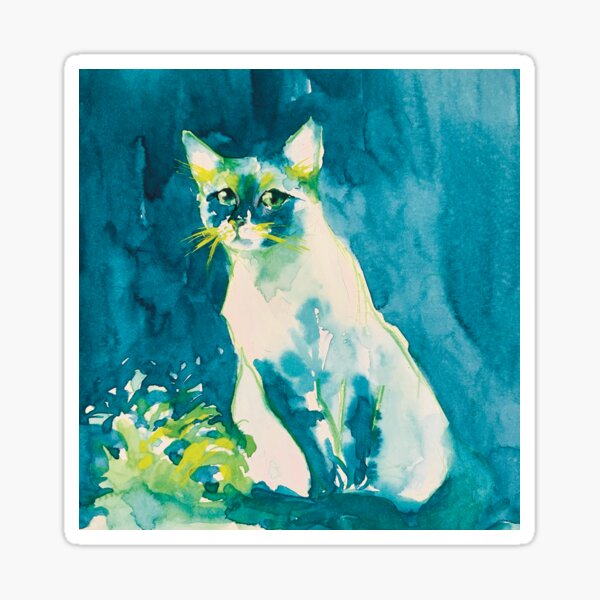 "Watercolor blue green cat" Sticker by farantes | Redbubble