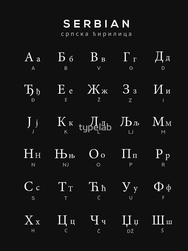"Serbian Alphabet Chart, Serbian Cyrillic Language Chart, Black" T ...