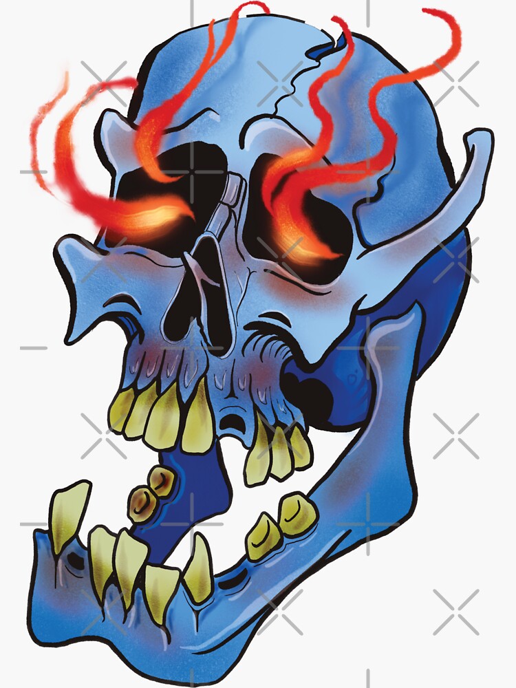 "Bad Ass Blue Skull with Flaming Eyes - Awesome Skull" Sticker by ...