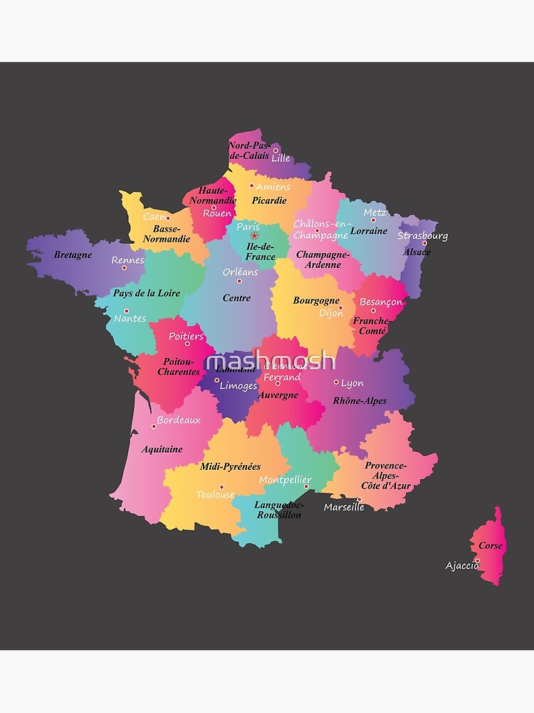 "Colorful France map with regions and main cities" Poster for Sale by ...