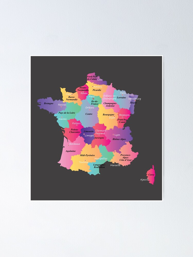 "Colorful France map with regions and main cities" Poster for Sale by ...