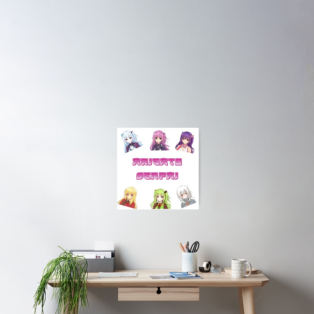"six cute anime girls arigato senpai text" Poster by Omniodise | Redbubble