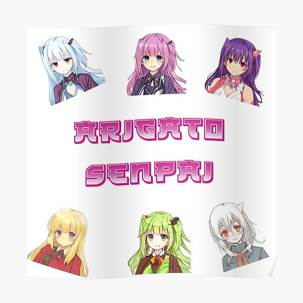 "six cute anime girls arigato senpai text" Poster by Omniodise | Redbubble