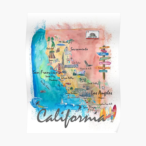 "California Illustrated Map with Tourist Highlights and Roads 2nd ...