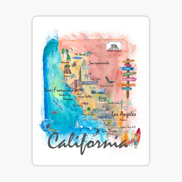 "California Illustrated Map with Tourist Highlights and Roads 2nd ...