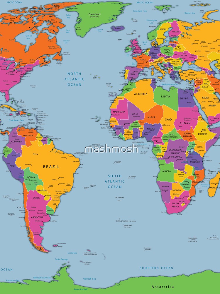 "Detailed World Map with names of the oceans, seas, Lakes, Rivers ...