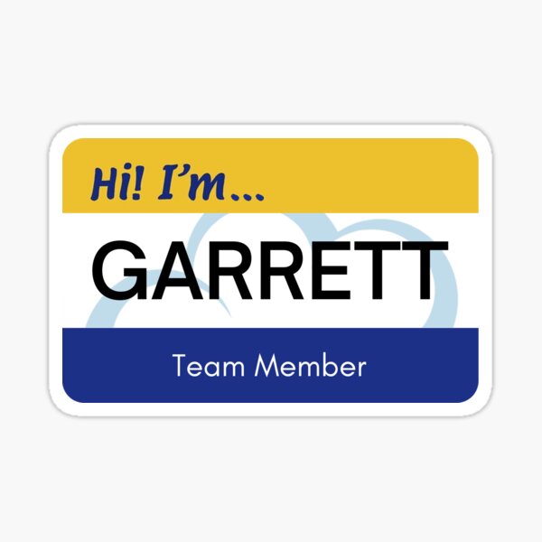 "Garrett Superstore Name Tag" Sticker by cuttingroomprty | Redbubble
