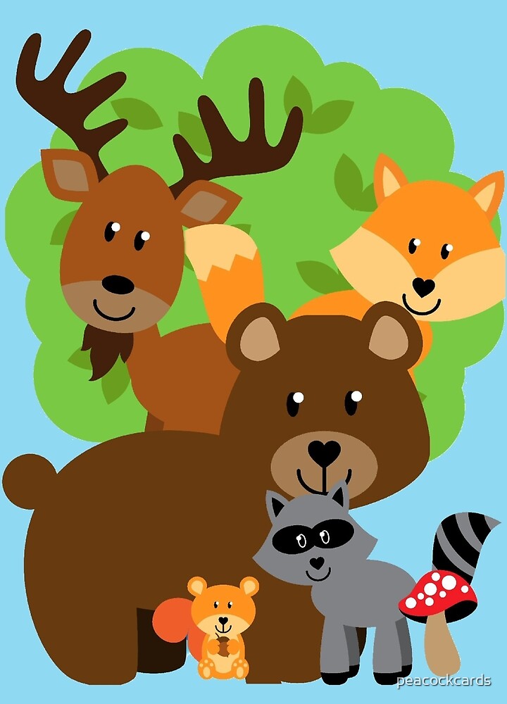"Woodland Animals Bear Fox Deer Raccoon Squirrel" by peacockcards ...