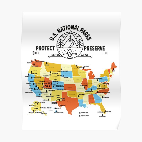 "All 63 US National Parks Map - U.S. National Park Hiking Map" Poster ...