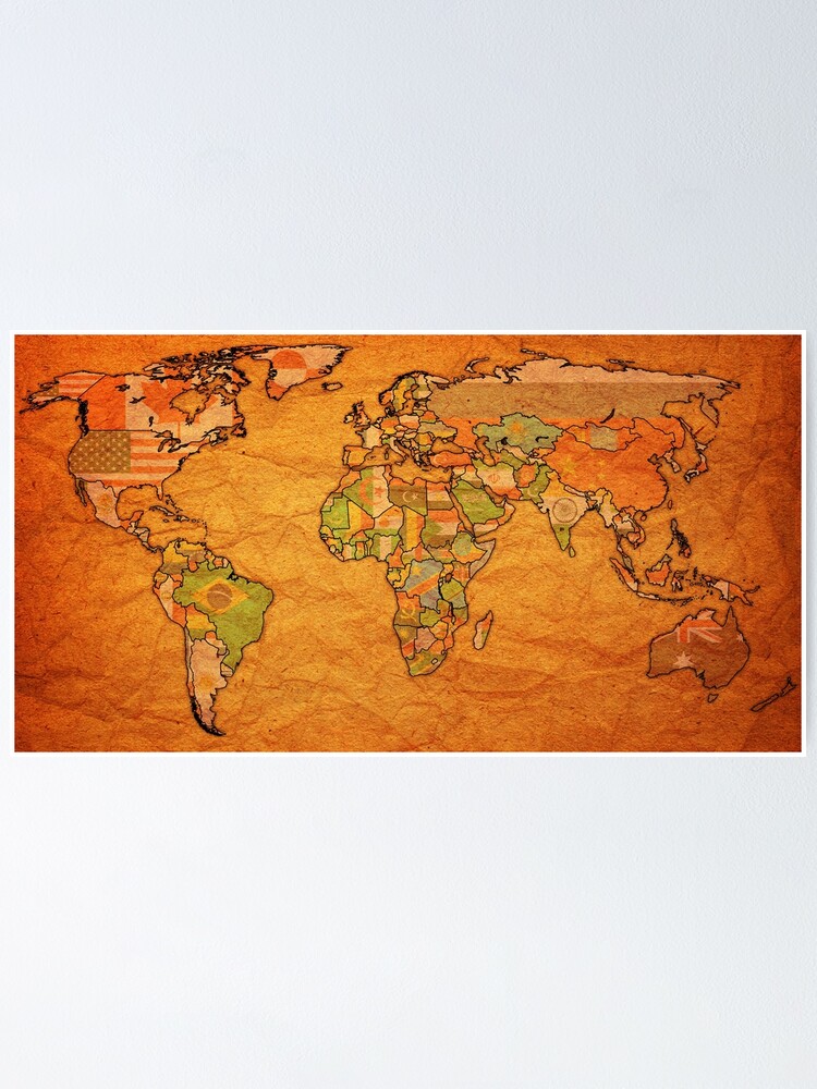 "vintage world map with flags" Poster for Sale by MichalBaranski ...