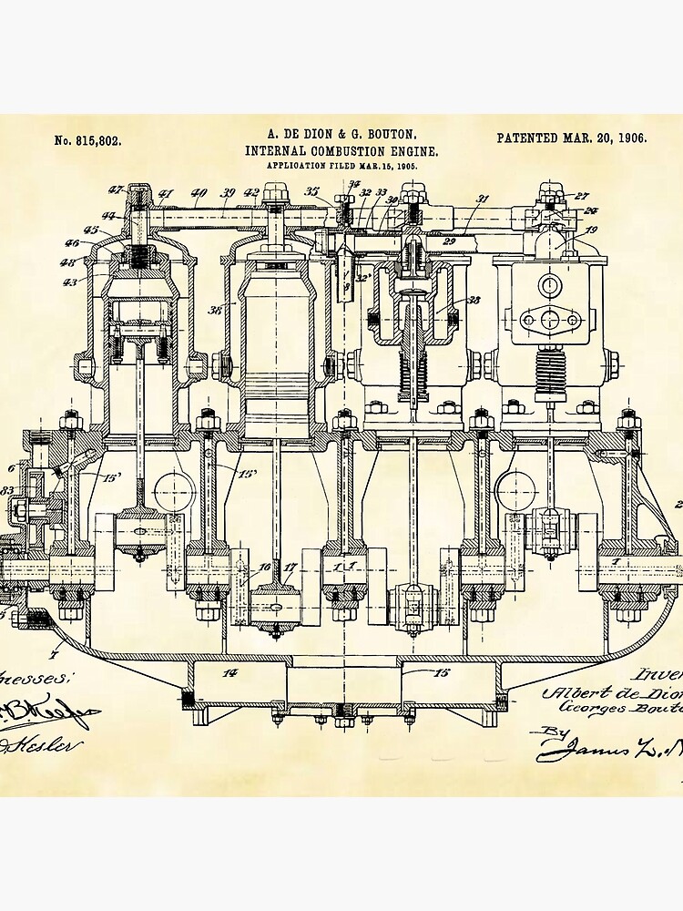 "De Dion 1908, Engine ,original patent drawing parchment background ...