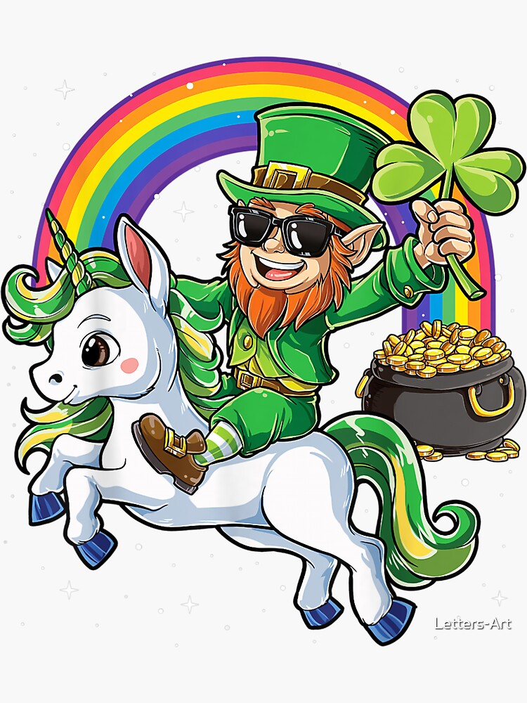 "Saint Patrick's Day Rainbow Leprechaun Riding Unicorn" Sticker for ...