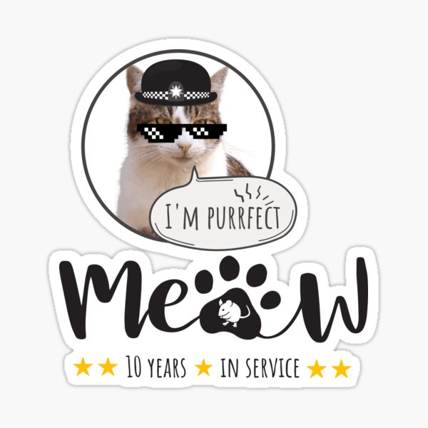 "Larry Cat 10 years in service Funny Meme Meow" Sticker by ...