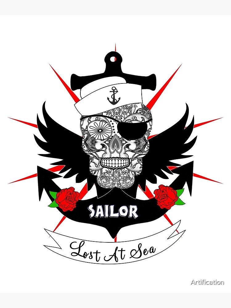 "Lost At Sea Tattoo Style Sailor Skull Anchor And Roses" Art Print by ...