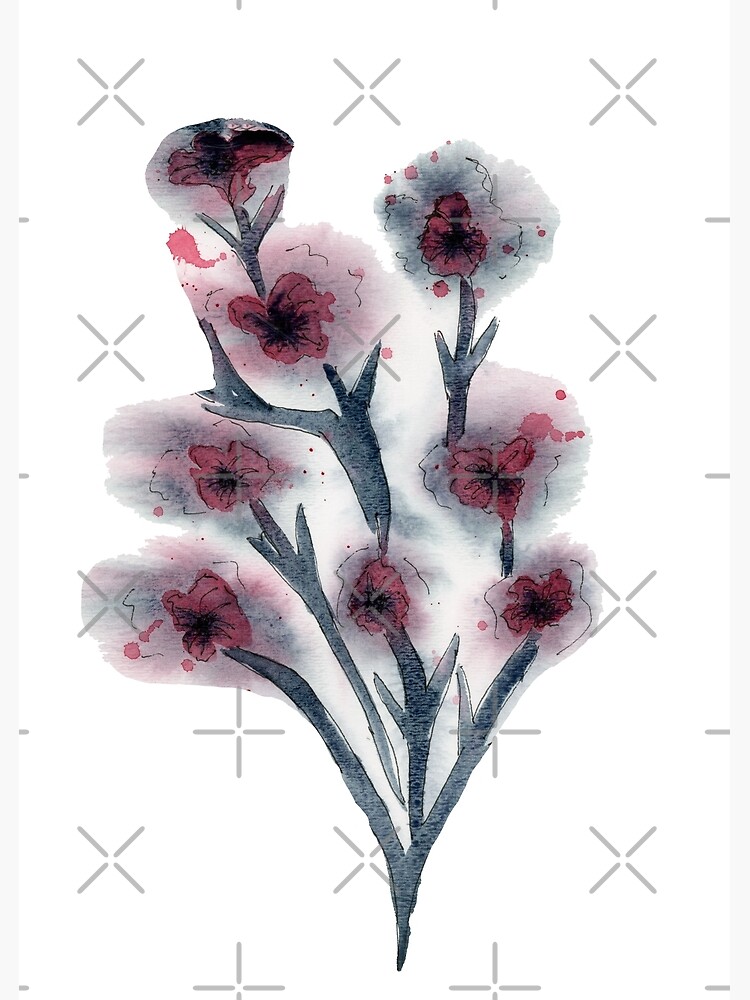 "Dark Red and Grey Flowers Watercolor Painting " Art Print by ...