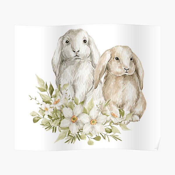 "Bunny Rabbits with Spring Flowers" Poster for Sale by CottonwoodToo ...
