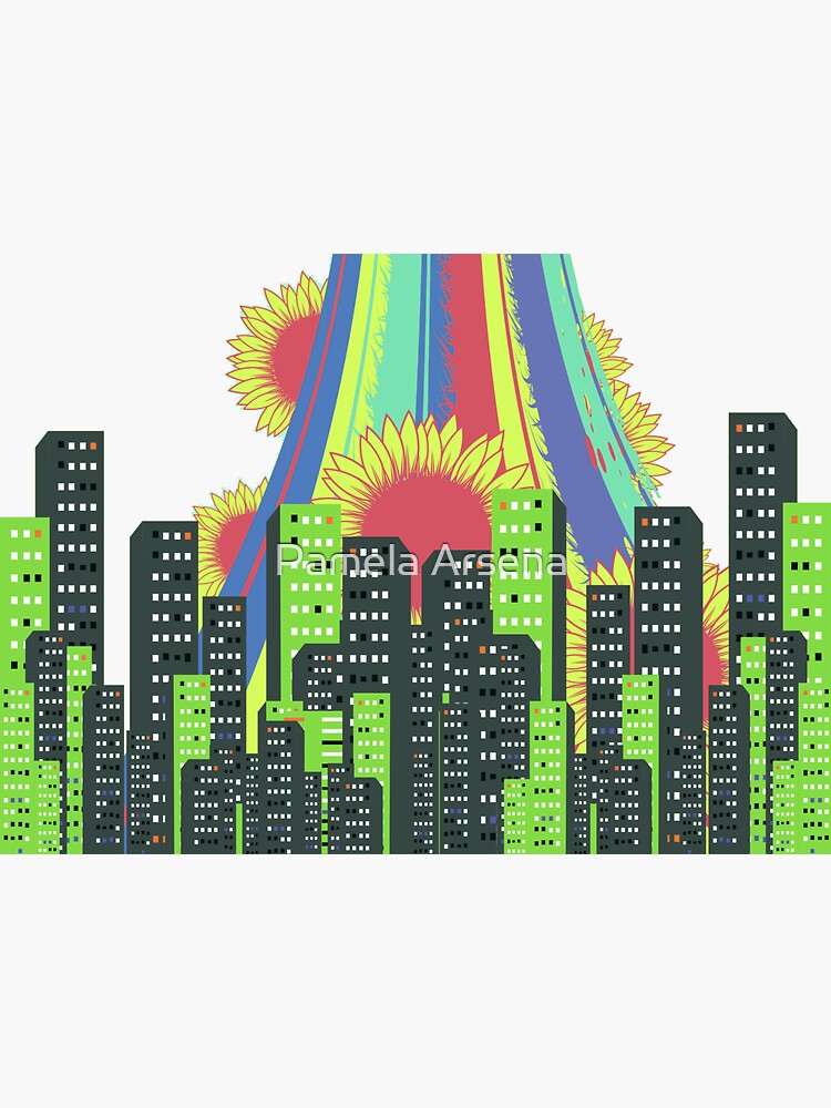 "Funky City Skyline and Sunflowers Hipster Artwork" Sticker for Sale by ...