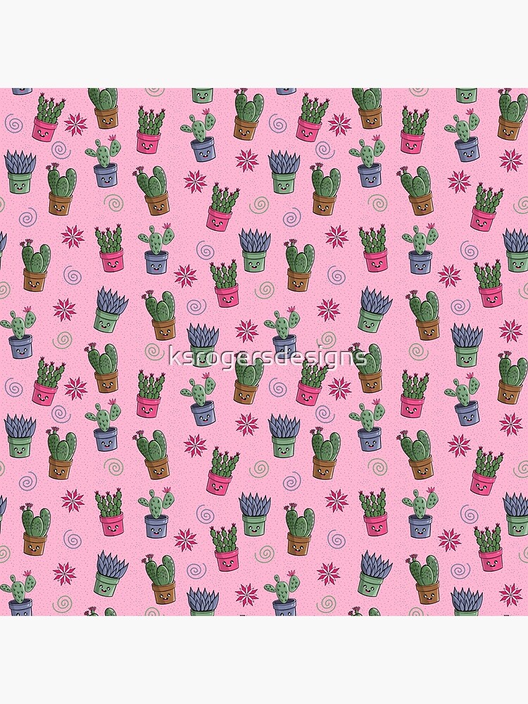 "Cute Kawaii Cactus Succulent Repeating Pattern Pink Background ...