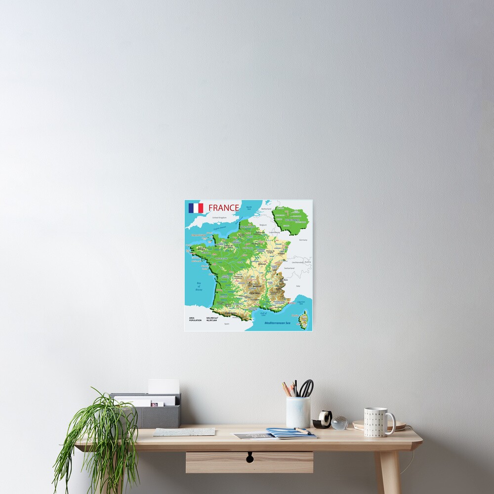 "France map with rivers, lakes and mountains" Poster for Sale by alijun ...