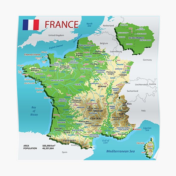 "France map with rivers, lakes and mountains" Poster by alijun | Redbubble