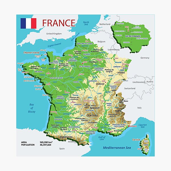 "France map with rivers, lakes and mountains" Photographic Print for ...
