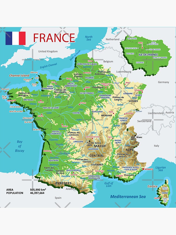 "France map with rivers, lakes and mountains" Sticker for Sale by ...