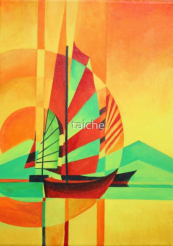 "Chinese Junks Sail to Shore In Cubism Geo Art" by taiche | Redbubble