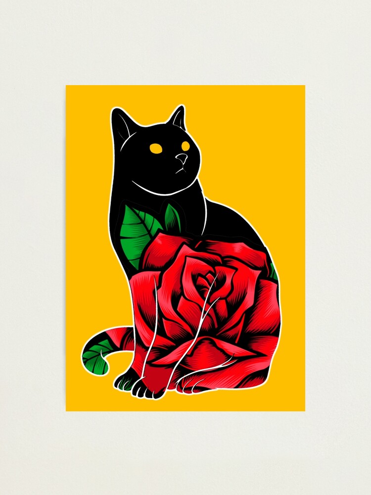 "Black Cat Red Rose Old School Tattoo" Photographic Print by Alondra ...