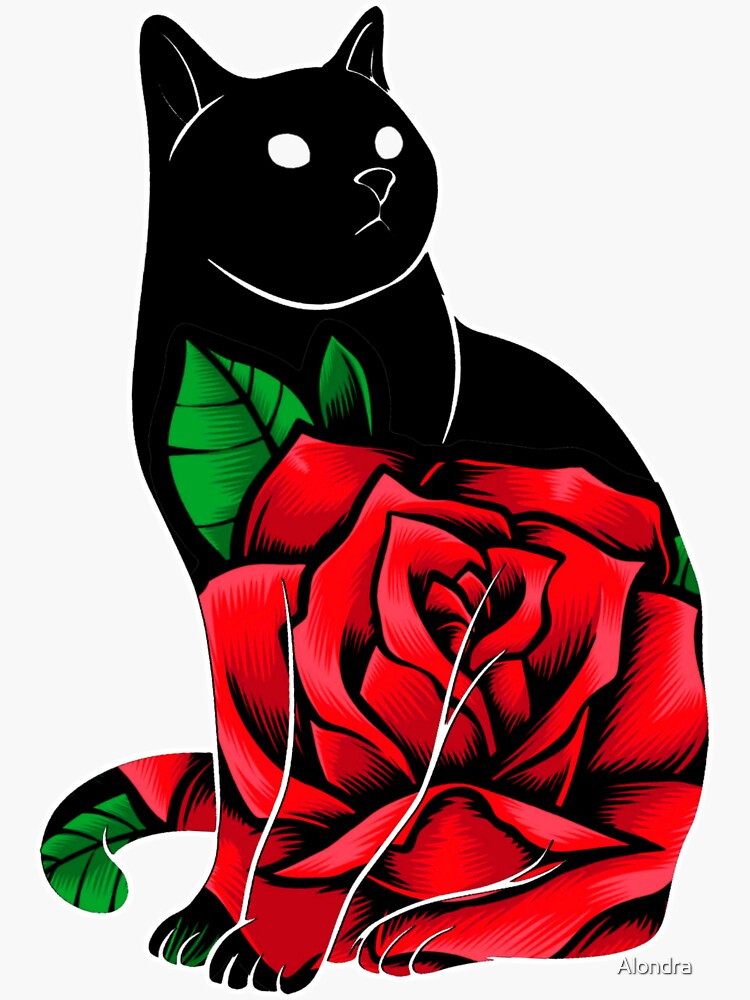 "Black Cat Red Rose Old School Tattoo" Sticker by Alondra | Redbubble
