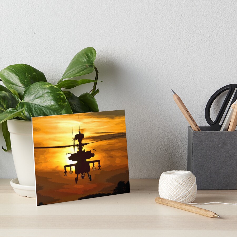 "AH-64D Apache Longbow flying into the sunset abstract" Art Board Print ...