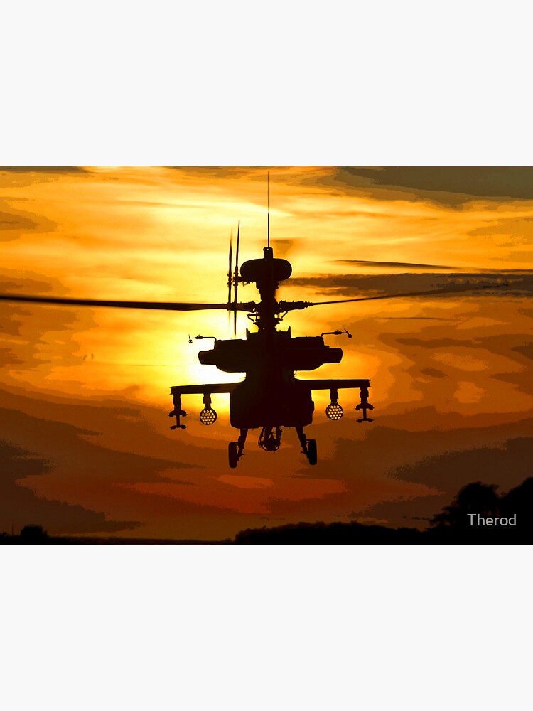 "AH-64D Apache Longbow flying into the sunset abstract" Sticker by ...