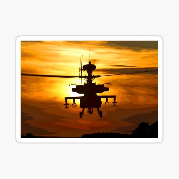 "AH-64D Apache Longbow flying into the sunset abstract" Sticker by ...