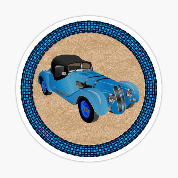 "BLUE OLD CAR IN ROUNDED FRAME" Sticker for Sale by UOCREATIVITY ...