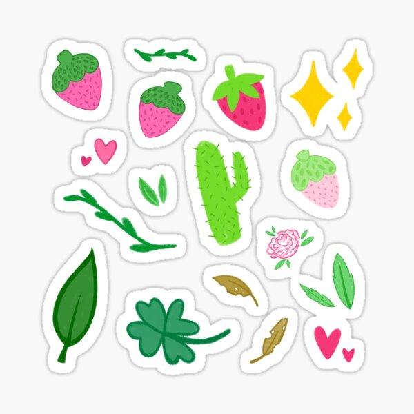 "17 plant stickers (strawberry, cactus, flower, heart, leaf, clover ...