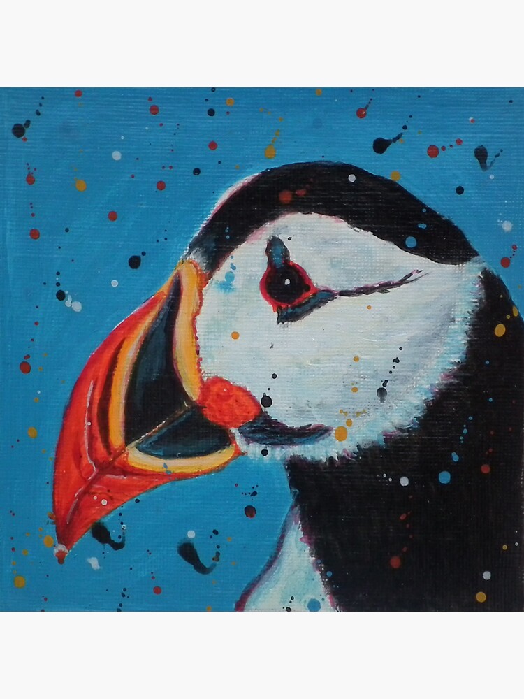 "Blue Puffin Acrylic Painting with splash effect background " Sticker ...