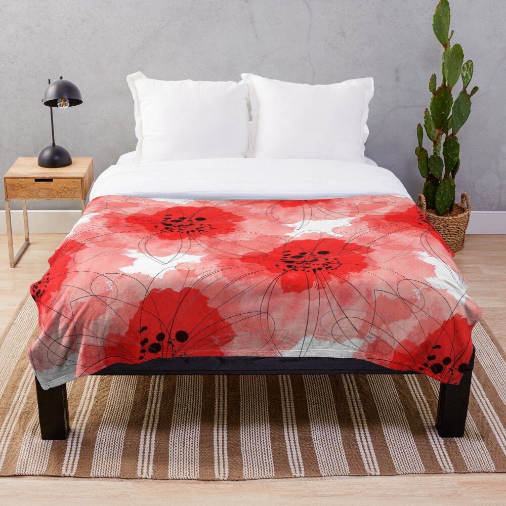 "Red Poppy Watercolor Ink Flower Pattern Repeat" Throw Blanket by ...