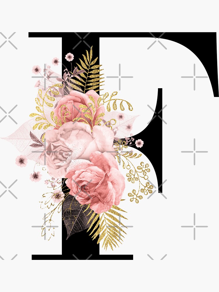 Pegatina «Letra F en texto negro con flores rosas y doradas Monograma ...