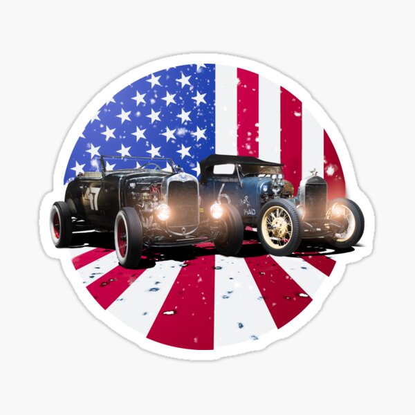 "Ford Roadster Model A T hot rod in front of American Flag" Sticker for ...