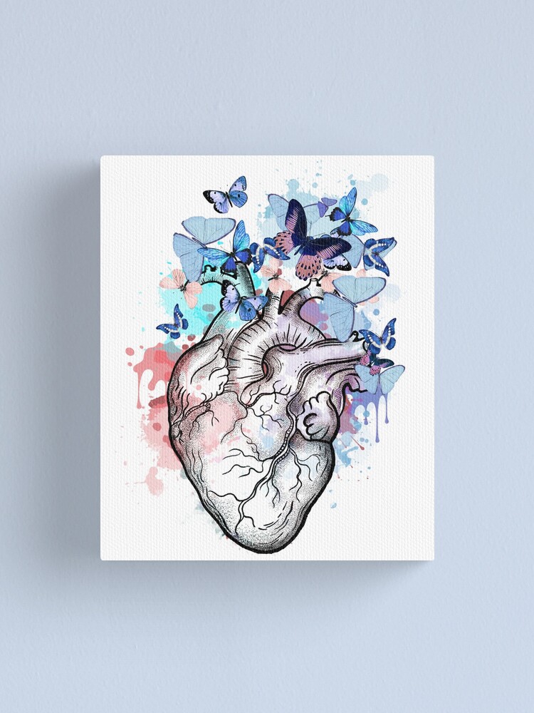 "human heart with blue butterflies, black, watercolor style, anatomy ...