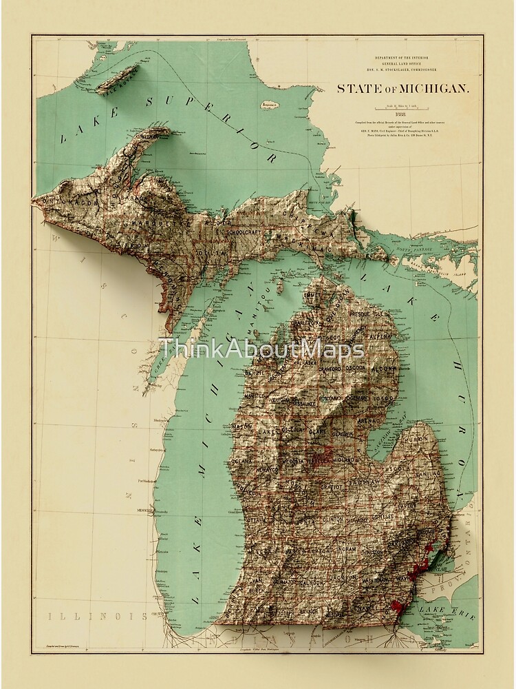 "1888 Michigan Relief Map 3D digitally-rendered" Poster for Sale by ...