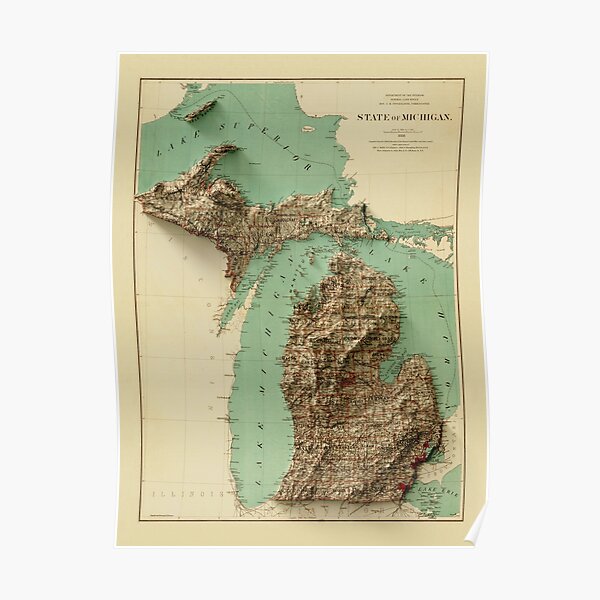 "1888 Michigan Relief Map 3D digitally-rendered" Poster for Sale by ...