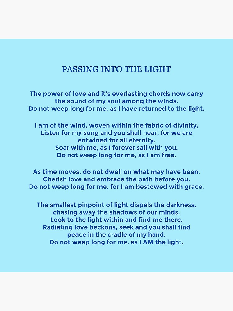 "Passing into the Light Prayer( celebration of life prayer)" Poster by ...