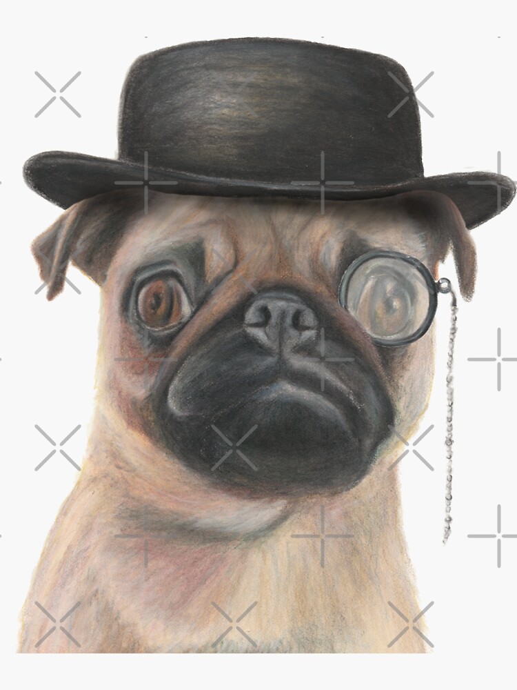 Pegatina «Perro pug divertido con un monóculo y un bombín. Dibujo de ...