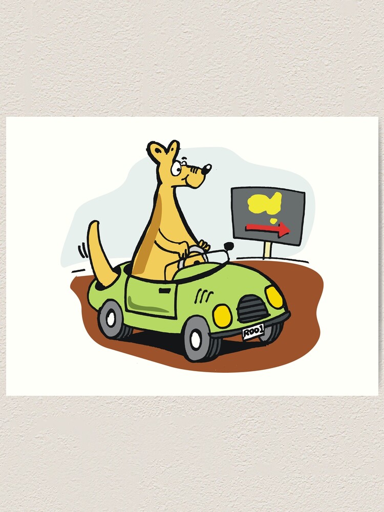 "Cute cartoon kangaroo driving car around Australia" Art Print for Sale ...
