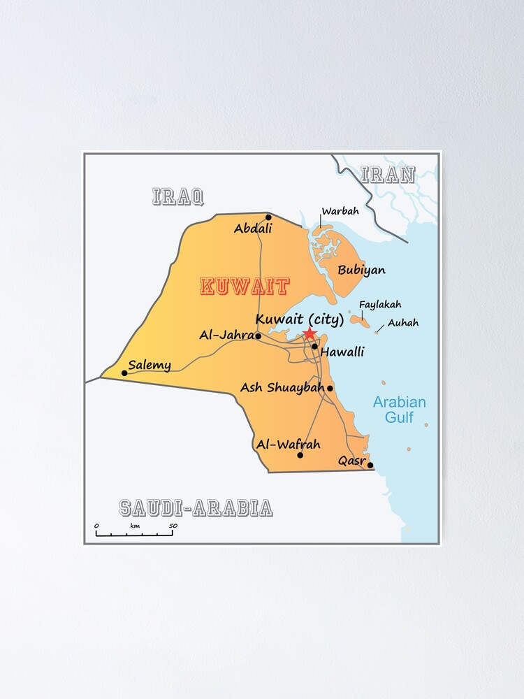 "Kuwait map with surrounding countries with international borders, governorate capitals, major ...