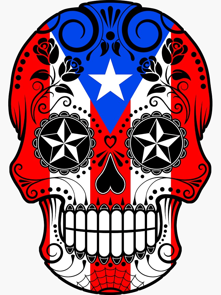 "Sugar Skull with Roses and Flag of Puerto Rico" Sticker for Sale by ...