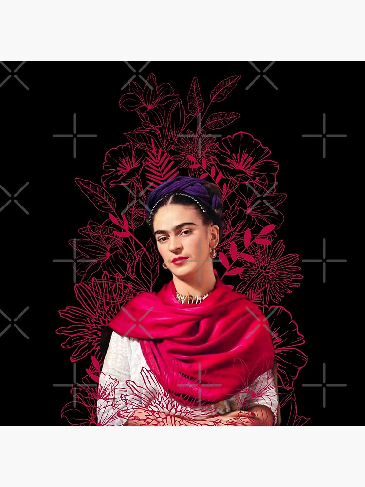 "Frida Kahlo portrait color, pink flowers, black background" Canvas ...