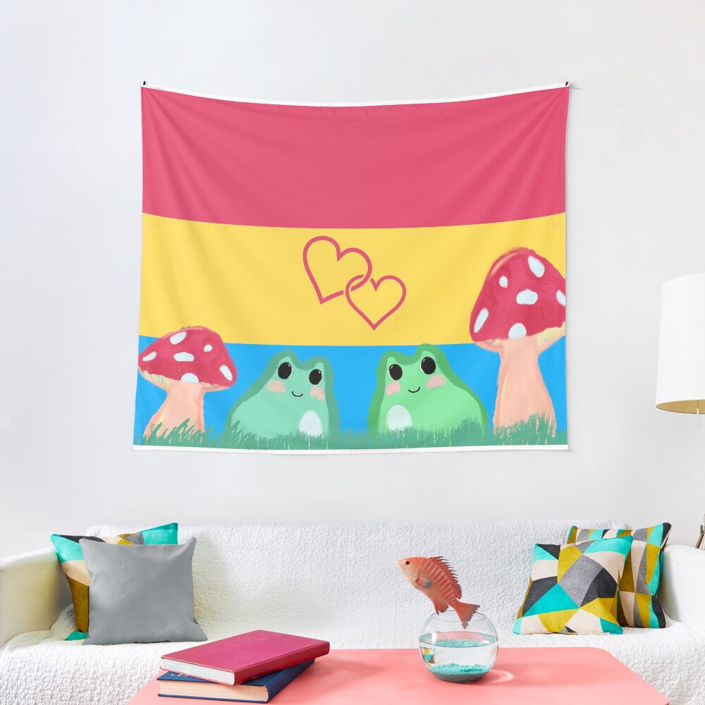 "pan pride flag frog flag with frogs and mushrooms" Tapestry for Sale ...