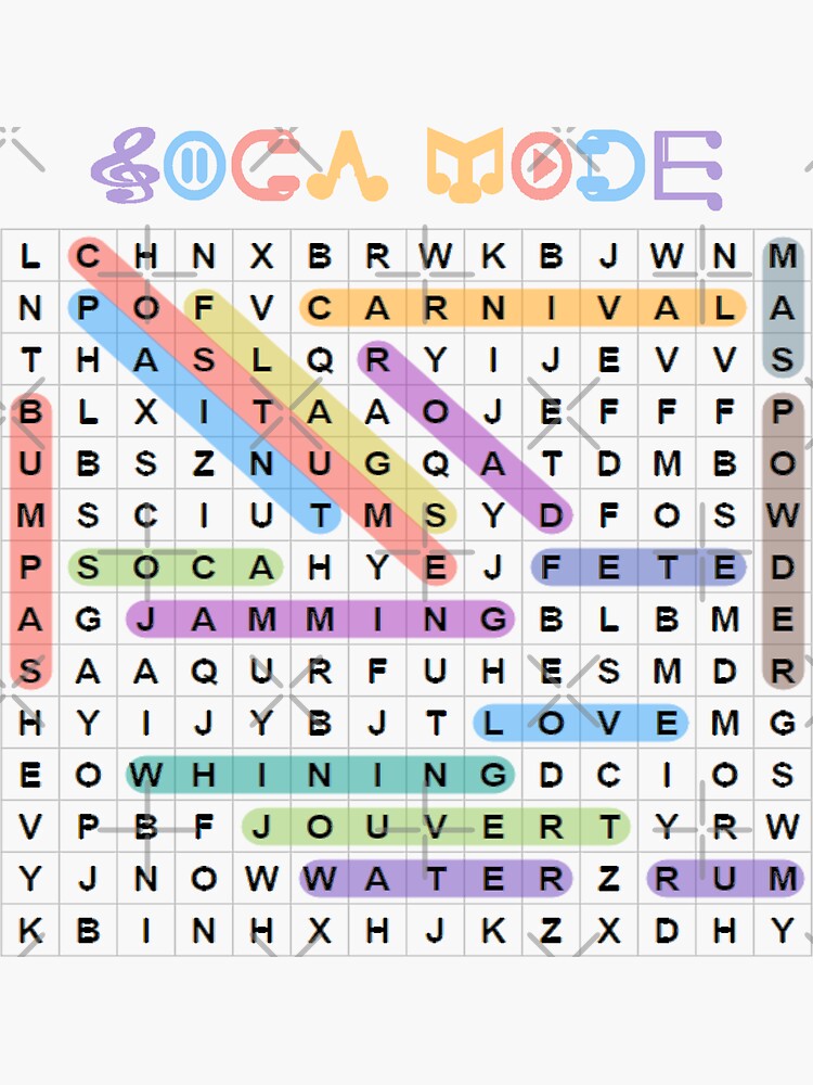 "Soca Music Culture Word Search Puzzle | White Print" Sticker for Sale ...
