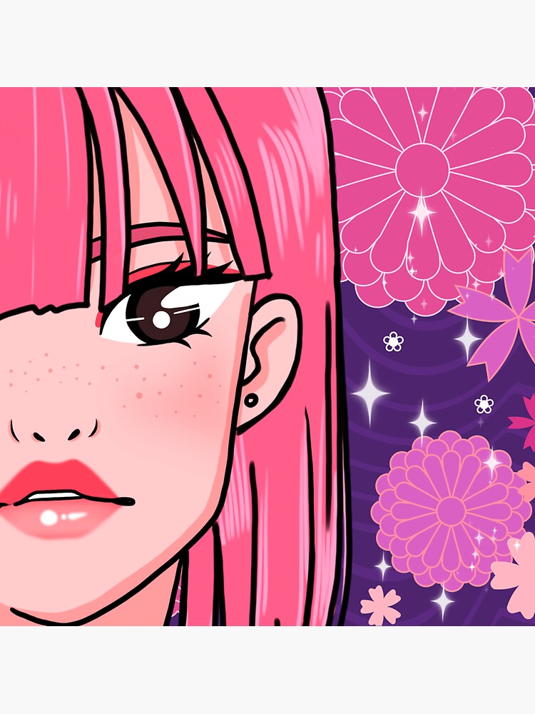 "Pink Anime Girl, Half Face" Sticker for Sale by SquishStitches | Redbubble